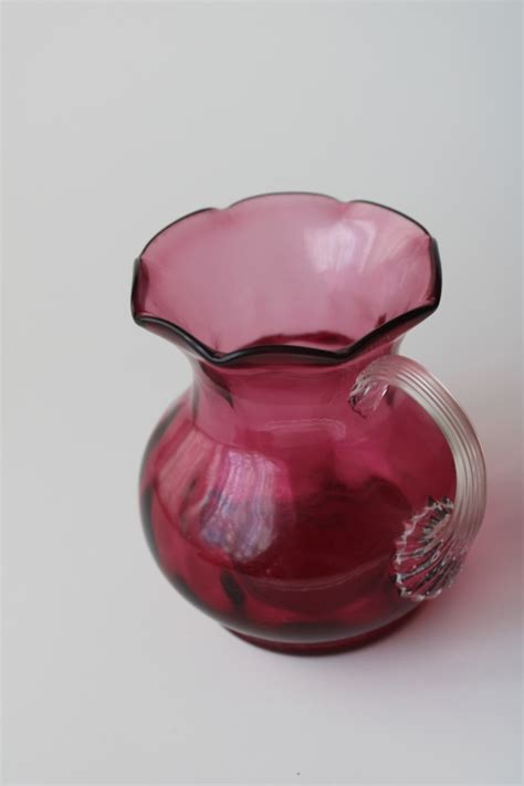 Vintage Pilgrim Hand Blown Cranberry Glass Mini Pitcher W Clear Glass Handle