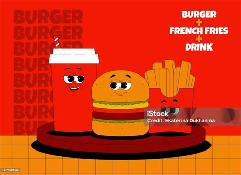 복고풍 그루비 캐릭터가 있는 수평 배너 콤보 버거 감자 튀김 및 음료 배달 버거 바 카페 길거리 음식 레스토랑 빈티지 벡터 일러스트 레이 션 가공의 인물에 대한 스톡 벡터