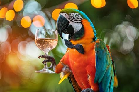 Dapper Parrot A Vibrant Macaw Parrot Donning A Tiny Bow Tie And Balancing A Glass Of Wine On Its