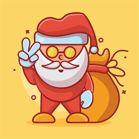 평면 스타일 디자인에 평화 기호 손 제스처 고립 된 만화와 함께 멋진 산타 클로스 캐릭터 마스코트 프리미엄 벡터