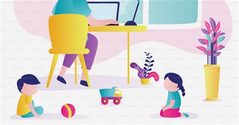 재택근무 남성 사업가나 프리랜서는 직장에 앉아 일하고 아이들은 방에서 놀고 있다 스트레스 재택근무의 단점 생산성 손실 플랫 벡터 그림 사진 Unsplash의