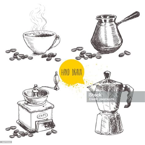 손으로 그린된 스케치 스타일 커피 장비 세트 커피 밀 터키 Cezve 빈티지 이탈리아 온수 냄비와 컵 마실 것에 대한 스톡 벡터 아트 및 기타 이미지 Istock