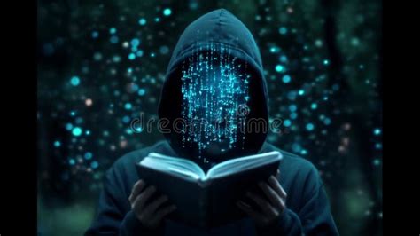 Male Hacker Programmer Working At Computer While Blue Code Characters