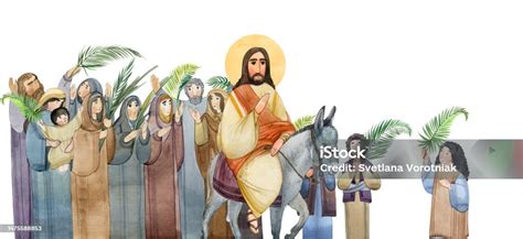 종려 주일의 수채화 그림 그리스도 께서 나귀를 타고 예루살렘에 들어가예수 사람들은 종려 나무 가지로 그를 맞이합니다 기독교 교회 출판물 인쇄물 성경 잡지 종려 주일에 대한
