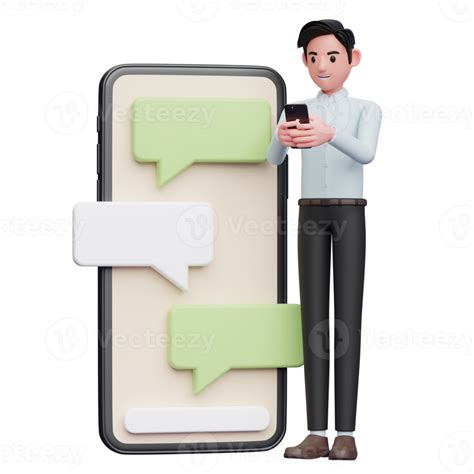 Businessman Is Typing On The Phone Beside A Big Phone With Bubble Chat Ornament 3d Illustration