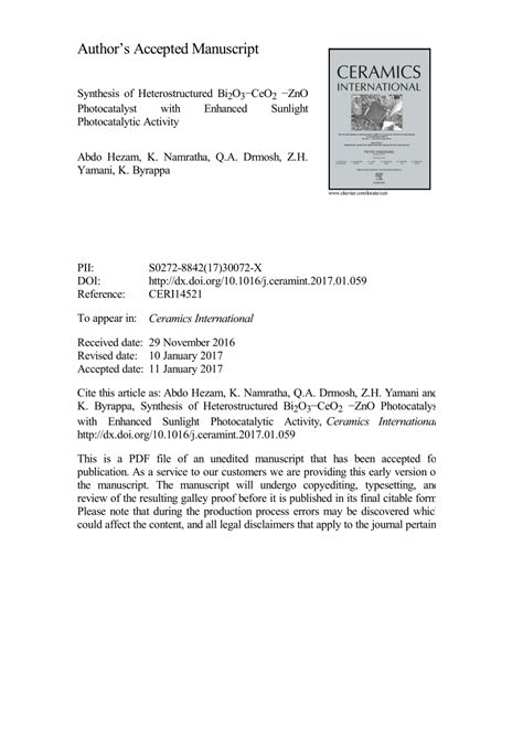 Pdf Synthesis Of Heterostructured Bi2o3−ceo2 −zno Photocatalyst With