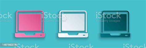 파란색 배경에 격리된 용지 절단 랩톱 아이콘입니다 빈 화면 기호가 있는 컴퓨터 노트북입니다 종이 아트 스타일 벡터 긴에 대한 스톡 벡터 아트 및 기타 이미지 Istock