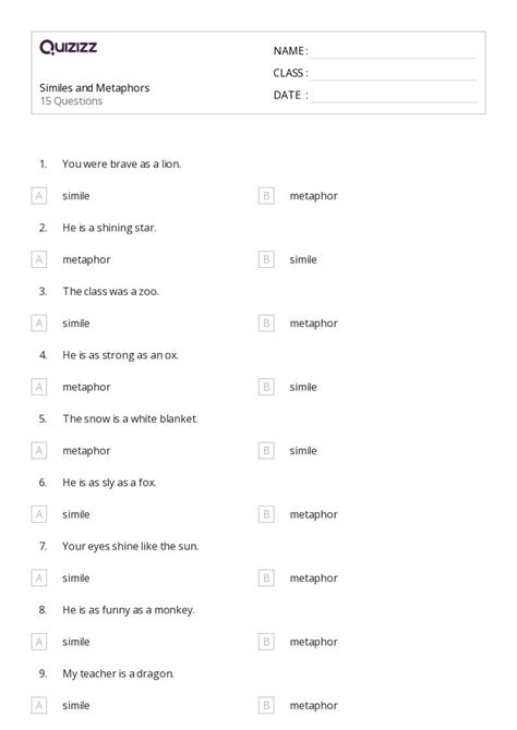 50 Similes Worksheets For 3rd Year On Quizizz Free And Printable