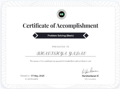 Hackerrank Certified Hackerrank Problemsolving Developerinprogress Bhavishya Yadav