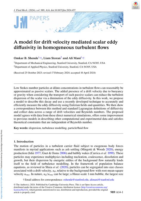 Pdf A Model For Drift Velocity Mediated Scalar Eddy Diffusivity In