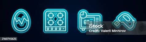 세트 라인 깨진 달걀 가스 렌지 전자 레인지 및 전기 믹서 빛나는 네온 아이콘입니다 벡터 가열장치에 대한 스톡 벡터 아트 및 기타 이미지 Istock