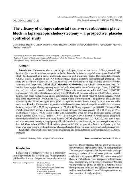 Pdf The Efficacy Of Oblique Subcostal Transversus Abdominis Plane Block In Laparoscopic