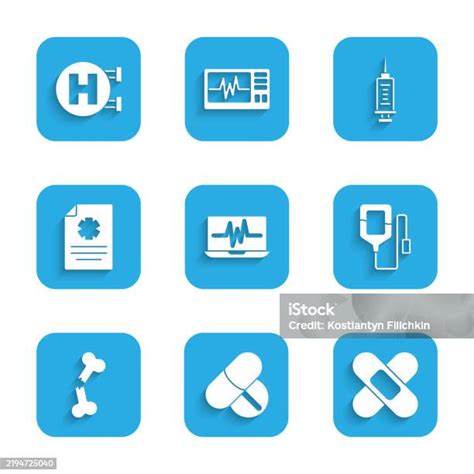 심장 검사 약 알약 또는 정제 교차 붕대 석고 Iv 백 인간 부러진 뼈 임상 기록 주사기 및 병원 간판 아이콘과 노트북 설정 벡터 가방에 대한 스톡 벡터 아트 및 기타