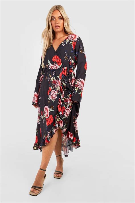 Plus Wrap Floral Midi Dress Boohoo Uk