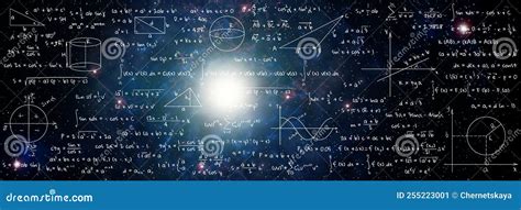 Illustration Of Basic Physics And Mathematics Formulas And Galaxy In Universe Banner Design