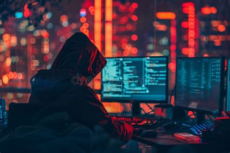 Hacker Typing In A Red And Blue Neon Cybersecurity Setting Stock Illustration Illustration Of