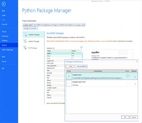 python package manager dialog box in arcgis pro desktop software