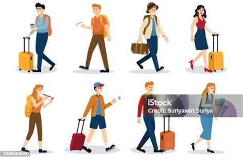 배낭 가방 여행 가방이 있는 관광 캐릭터 컬렉션 세트입니다 여자와 남자 여행자 나름에 대한 스톡 벡터 아트 및 기타 이미지 나름 여행 주제 남자 Istock
