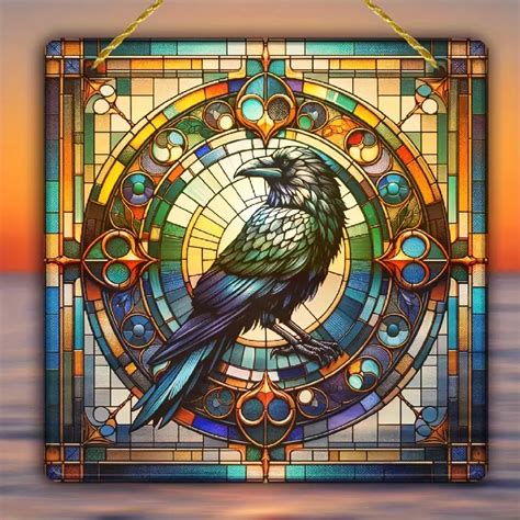 1개 스테인드 글라스 까마귀 나뭇가지 선캐처 양면 아크릴 다채로운 새 장식 8x8 인치 고딕 홈 실내 장식 화환 악센트