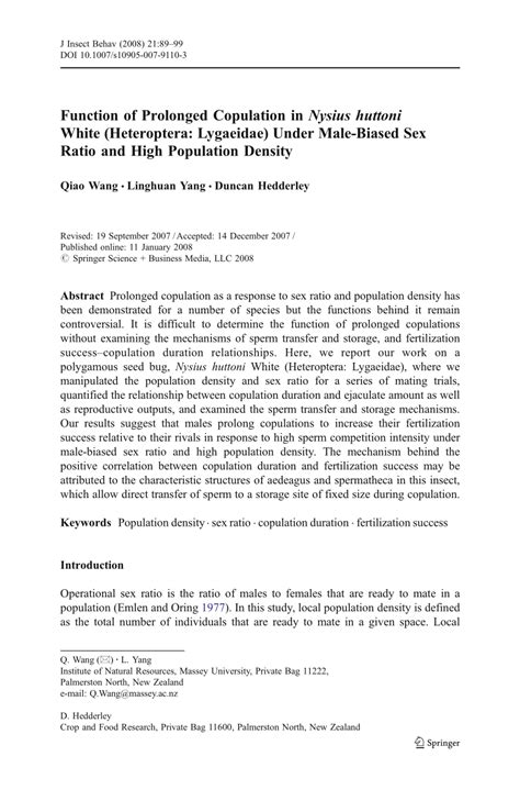 Pdf Function Of Prolonged Copulation In Nysius Huttoni White