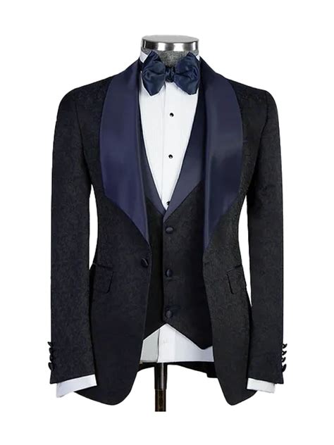 Bespoke Three Piece Black Jacquard Shawl Lapel Man Suit Zarayee
