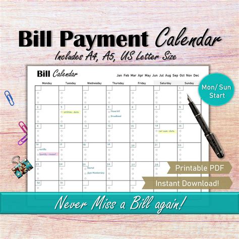 Monthly Bill Tracker Calendar Bill Payment Calendar Personal Finance