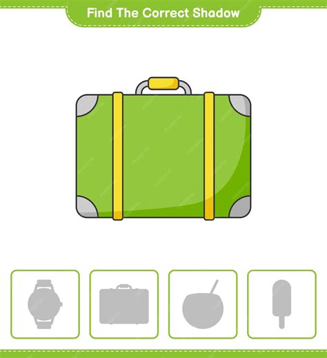 올바른 그림자를 찾으십시오 수하물의 올바른 그림자를 찾아 일치시킵니다 교육 어린이 게임 인쇄용 워크시트 벡터 일러스트 레이 션 프리미엄 벡터