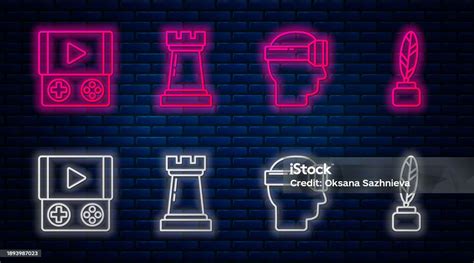 설정 라인 체스 기호 가상 현실 안경 휴대용 비디오 게임 콘솔과 깃털과 잉크 웰 벽돌 벽에 빛나는 네온 아이콘입니다 벡터 3차원 형태에 대한 스톡 벡터 아트 및 기타 이미지