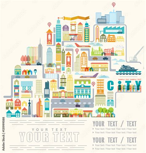 Infographic City Map With Building Icons Ilustrator Vector Stock