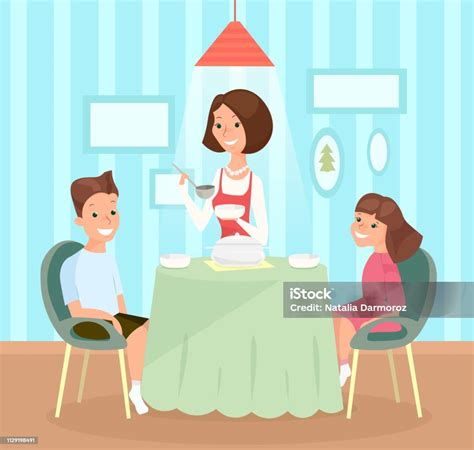 Illustration Vectorielle Des Repas En Famille Mère Déverse Soupe Chez