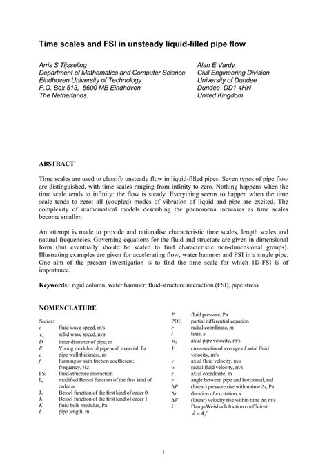 Pdf Time Scales And Fsi In Unsteady Liquid Filled Pipe Flow