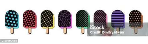 고립 된 복고풍 블랙 아이스 캔디 아이콘 세트 벡터 스티커 과일 아이스크림 스틱이 달린 냉동 주스 여름 롤리팝 바 질감이 있는 3d 아이스 캔디 세트 광고 및 팝 파티를