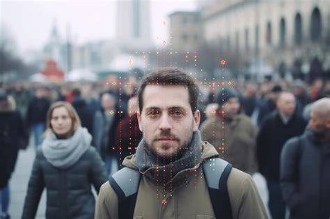 Premium Photo Facial Recognition Technology Scans A Crowded Space Detecting The Face Of Man In