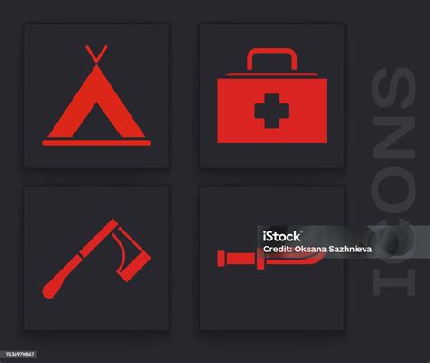 캠핑 나이프 관광 텐트 구급 상자 및 나무 도끼 아이콘을 설정합니다 벡터 1위에 대한 스톡 벡터 아트 및 기타 이미지 1위 Emergency Shelter 건강 진단