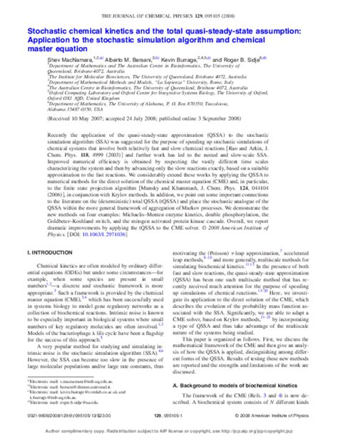 Pdf Stochastic Chemical Kinetics And The Total Quasi Steady State Assumption Application To