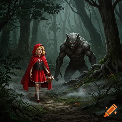 Little Red Riding Hood Faces A Snarling Wolf In A Dark Forest