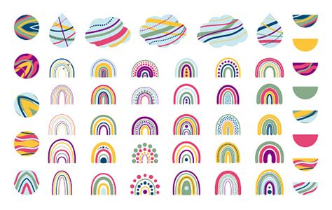 화려한 무지개 구름 원 반원의 집합입니다 장식을 위한 동묘 예술 디자인 직물을 위한 유치한 인쇄 벽 예술 손으로 그린 벡터 그림입니다 0명에 대한 스톡 벡터 아트 및 기타