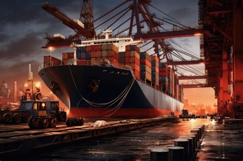 Premium AI Image Transport Ship Being Loaded From Container By Crane At Loading Dock