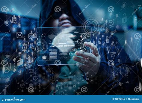 hacker using clear tablet with hud panel and code graph bar data stock image image of network
