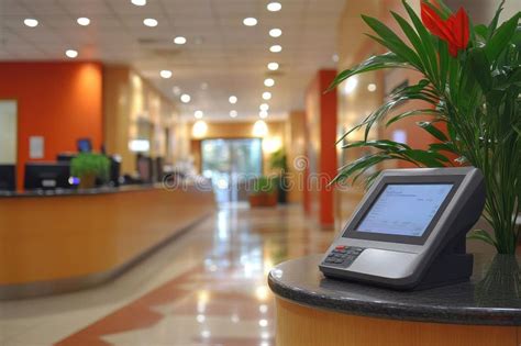 A Computer Terminal Is On A Table In A Large Room Stock Image Image Of Style Hall 354048385