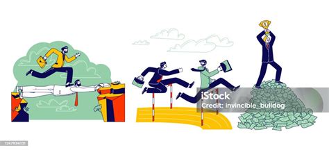 장벽을 통해 점프 경기장에 커리어 맨 남자 캐릭터 실행 스프린트 경주 사업가 는 동료 머리 위에 걸어 컵 돈 더미의 상단에 서 선형 사람 벡터 일러스트레이션 개념에 대한