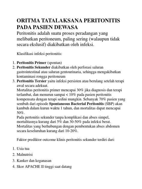 Algoritma Tatalaksana Peritonitis Pada Pasien Dewasa Pdf