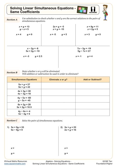 Solving Linear Simultaneous Equations Same Coefficients Worksheet