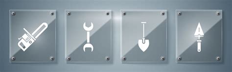 흙손 삽 렌치 스패너 및 전기톱을 설정합니다 정사각형 유리 패널 벡터 건설 기계류에 대한 스톡 벡터 아트 및 기타 이미지 건설 기계류 건설 산업 기계 부분 Istock