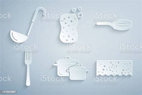 요리 냄비 프라이팬 포크 거품이있는 스폰지 및 주방 국자 아이콘을 설정합니다 벡터 3차원 형태에 대한 스톡 벡터 아트 및 기타 이미지 3차원 형태 가사 집안일 가정