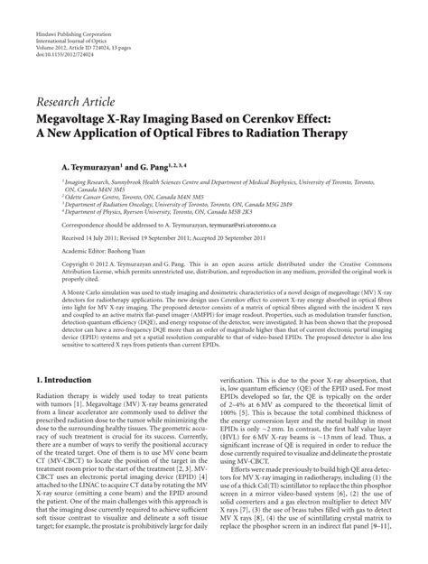 Pdf Megavoltage X Ray Imaging Based On Cerenkov Effect A New Application Of Optical Fibres To
