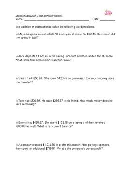 Addition Subtraction Decimal Word Problems By Jennifer Carita Tpt