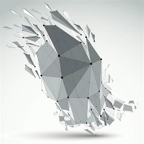 벡터 차원 와이어프레임 개체 굴절 및 잔해가 있는 철거된 모양입니다 3d 메쉬 기술 요소가 조각으로 나뉩니다 프리미엄 벡터