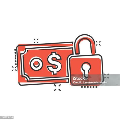 만화 스타일의 잠금 아이콘달러 지폐 흰색 고립 된 배경에 달러 현금 안전한 만화 벡터 일러스트 은행권 청구서 보안 스플래시 효과 비즈니스 개념 0명에 대한 스톡 벡터 아트