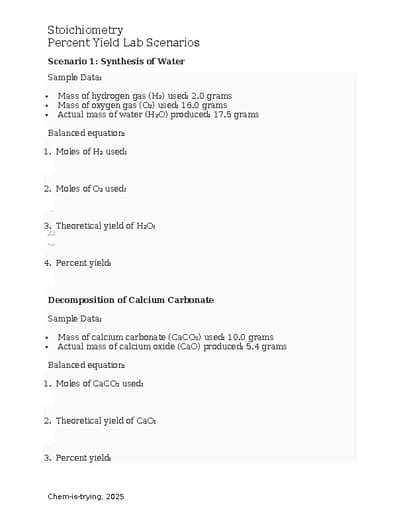 Percent Yield Lab Scenarios By Chemistrying TPT